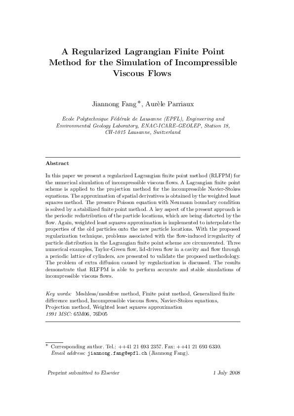 Pdf A Regularized Lagrangian Finite Point Method For The Simulation Of Incompressible Viscous