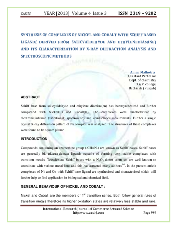 (PDF) SYNTHESIS OF COMPLEXES OF NICKEL AND COBALT WITH SCHIFF BASED LIGAND( DERIVED FROM ...