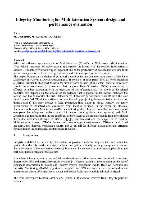 (PDF) Integrity Monitoring for Multilateration System: design and performance evaluation
