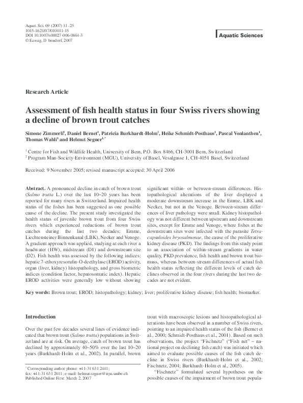 (PDF) Assessment of fish health status in four Swiss rivers showing a ...