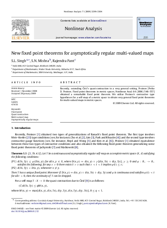 Pdf New Fixed Point Theorems For Asymptotically Regular Multi Valued Maps