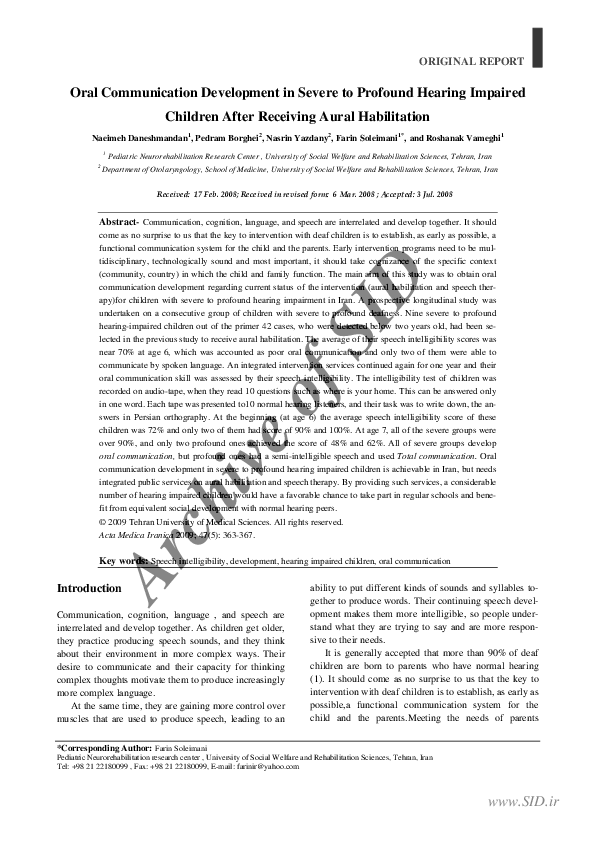 (PDF) Oral Communication Development in Severe to Profound Hearing ...