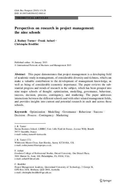 (PDF) PERSPECTIVES ON RESEARCH IN PROJECT MANAGEMENT