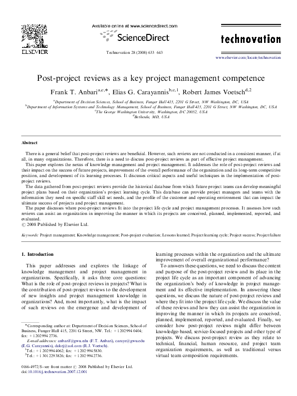 (PDF) Post-project reviews as a key project management competence