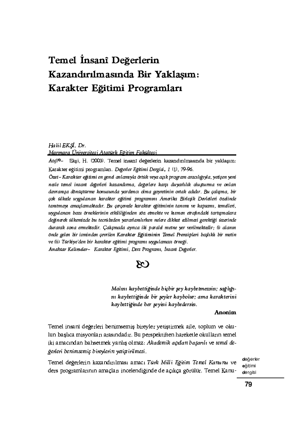 (PDF) Temel ‹nsanî De¤erlerin Kazand›r›lmas›nda Bir Yaklafl›m: Karakter E¤itimi Programlar ...