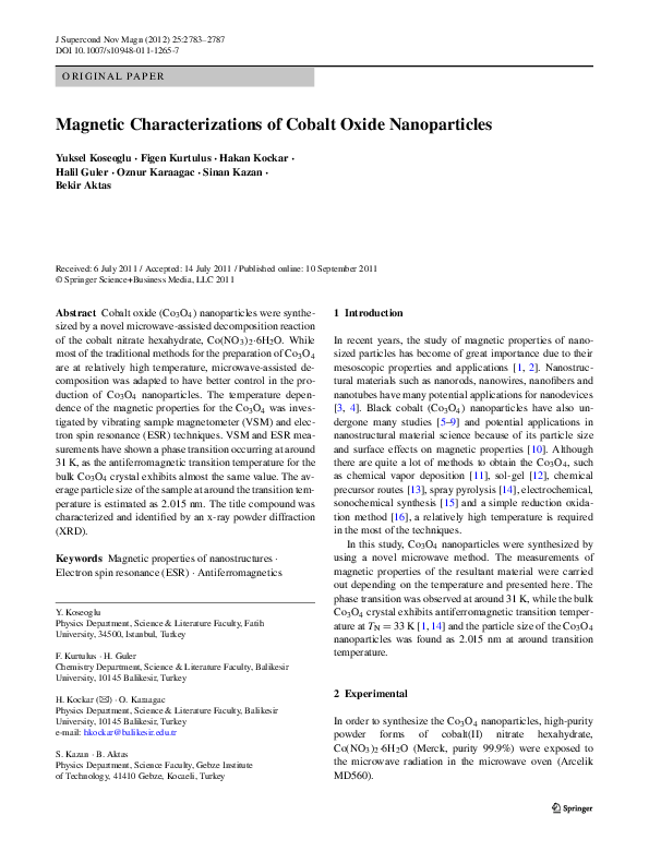 (PDF) Magnetic Characterizations of Cobalt Oxide Nanoparticles