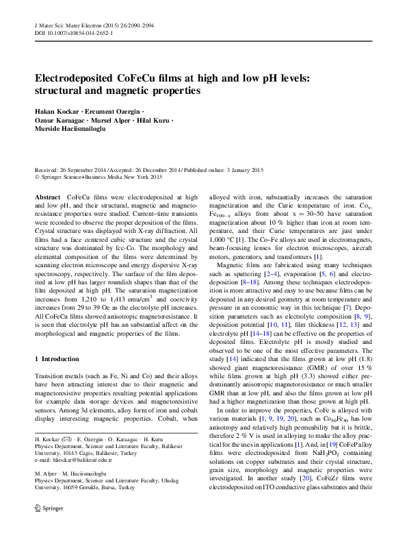 (PDF) Electrodeposited CoFeCu films at high and low pH levels: structural and magnetic properties