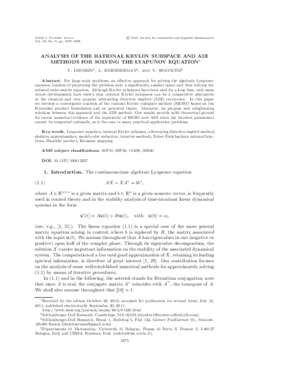 Pdf Analysis Of The Rational Krylov Subspace And Adi Methods For Solving The Lyapunov Equation