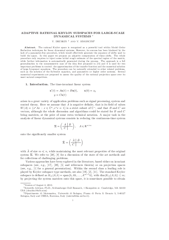 Pdf Adaptive Rational Krylov Subspaces For Large Scale Dynamical Systems