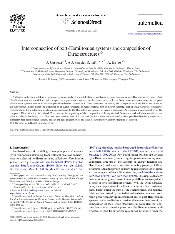 (PDF) Interconnection of port-Hamiltonian systems and composition of Dirac structures