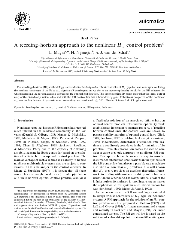 (PDF) A receding–horizon approach to the nonlinear H∞ control problem