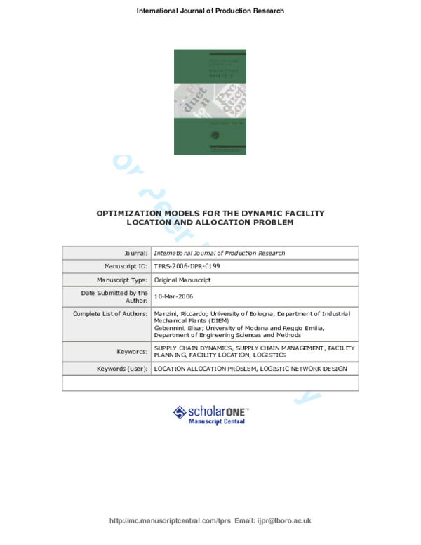 (PDF) Optimization models for the dynamic facility location and ...