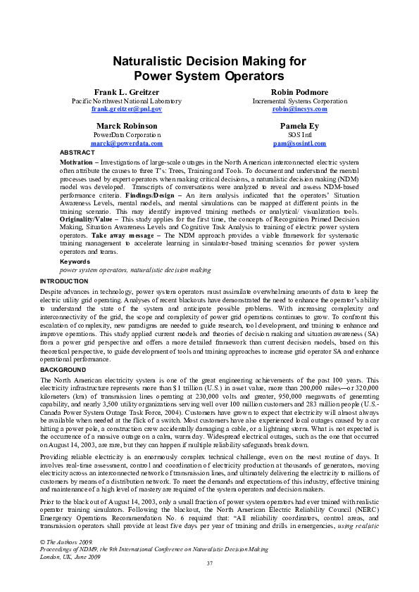 (PDF) Naturalistic Decision Making for Power System Operators