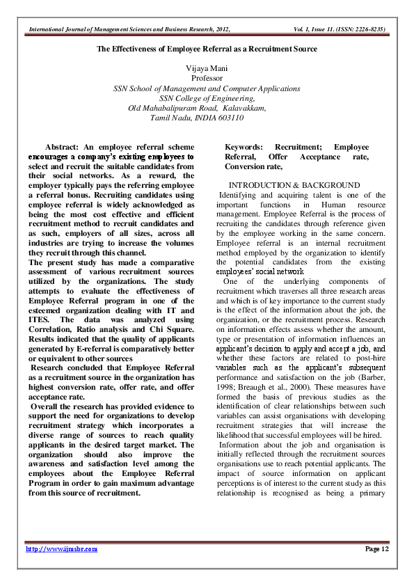(PDF) The Effectiveness of Employee Referral as a Recruitment Source