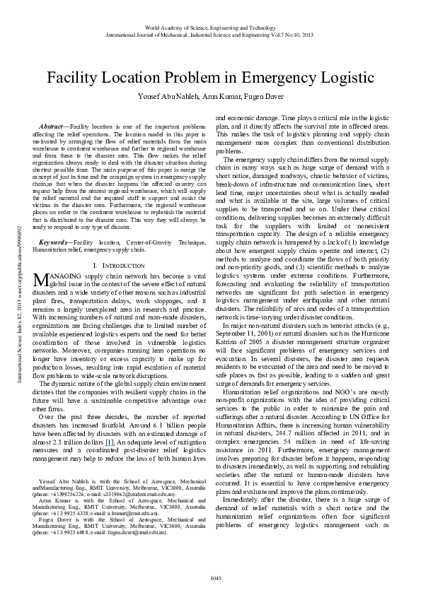 (PDF) Facility Location Problem in Emergency Logistic