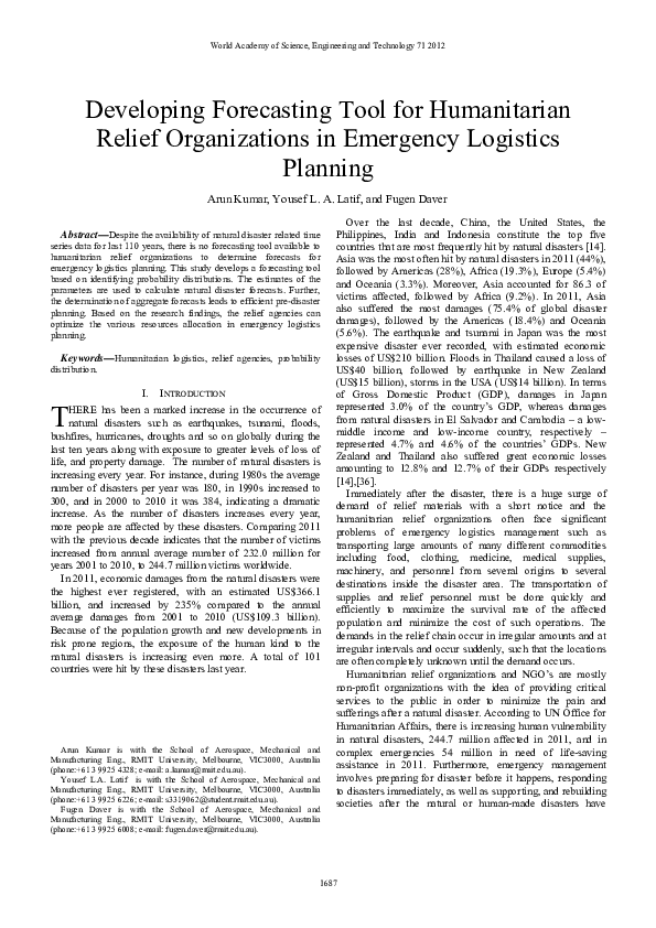 (PDF) Developing Forecasting Tool for Humanitarian Relief Organizations ...