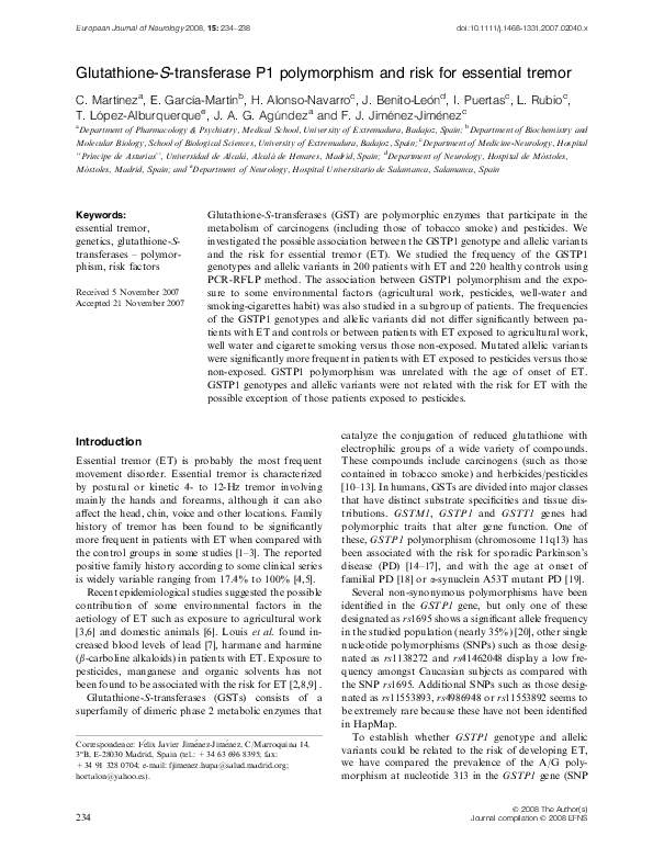 (PDF) Glutathione-S-transferase P1 polymorphism and risk for essential tremor | T. López ...