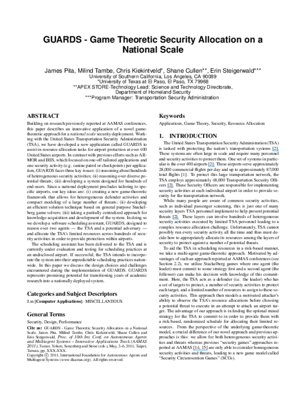(PDF) GUARDS: Game-Theoretic Security Allocation on a National Scale
