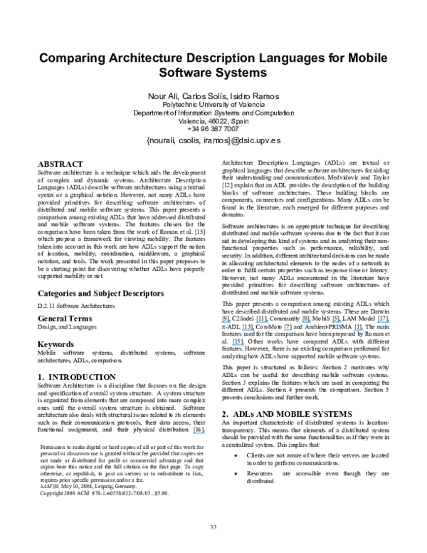 Pdf Comparing Architecture Description Languages For Mobile Software Systems