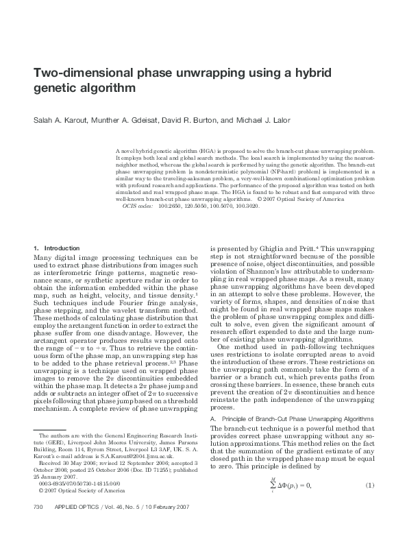 Pdf Two Dimensional Phase Unwrapping Using A Hybrid Genetic Algorithm 0160