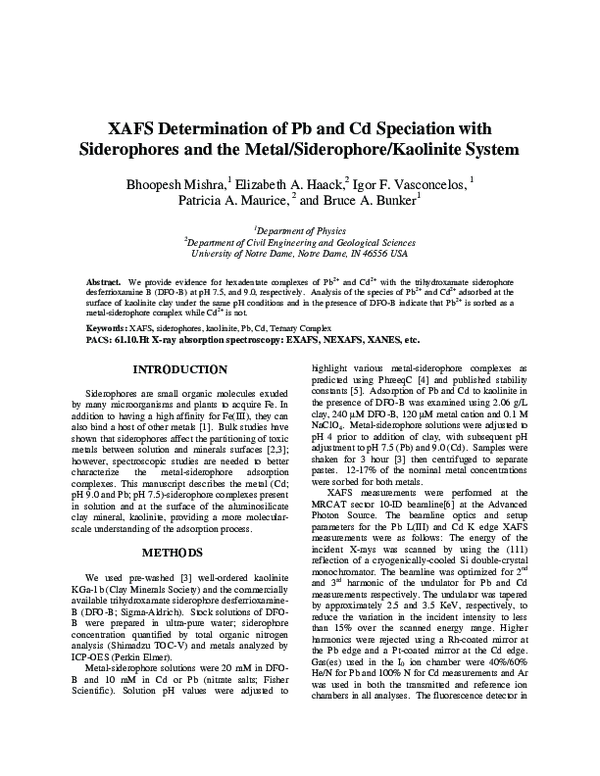 (PDF) XAFS determination of Pb and Cd speciation with siderophores and ...
