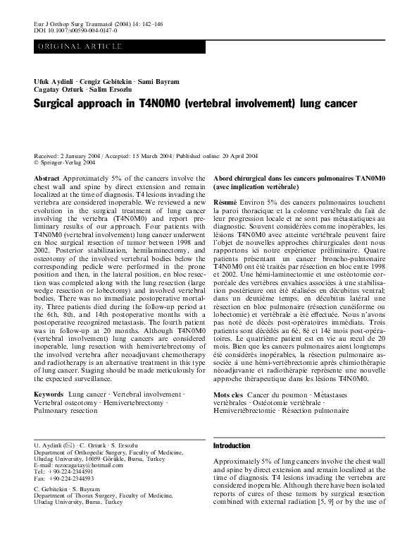 (PDF) Surgical approach in T4N0M0 (vertebral involvement) lung cancer