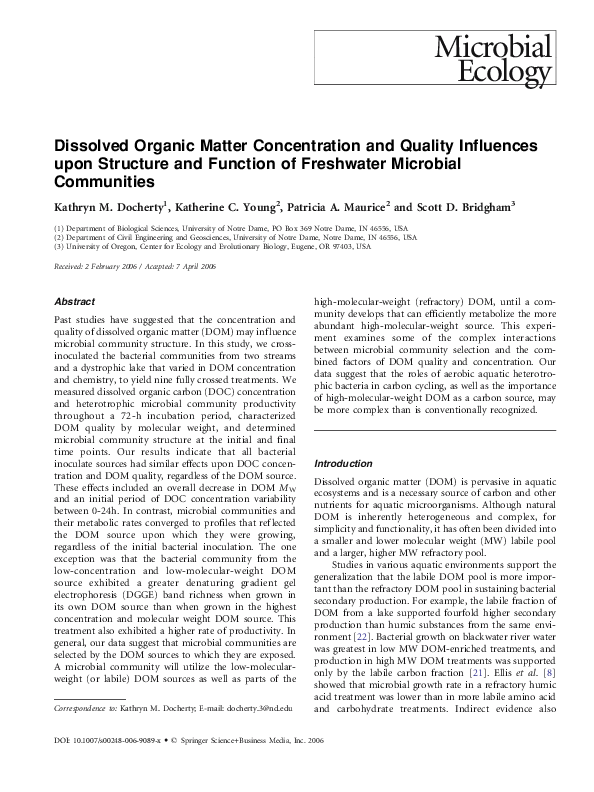 (PDF) Dissolved Organic Matter Concentration and Quality Influences upon Structure and Function ...