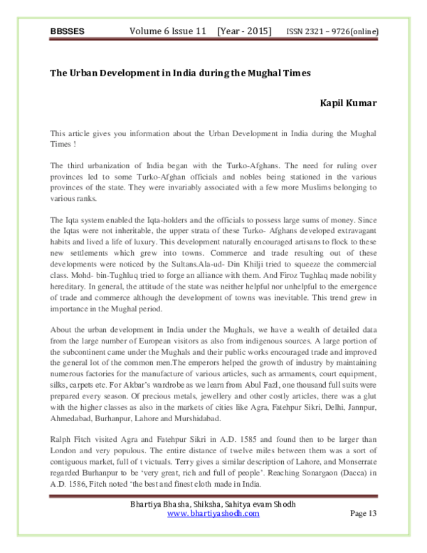 (PDF) The Urban Development in India during the Mughal Times
