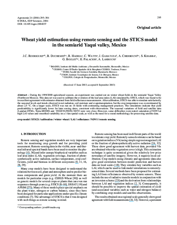 (PDF) Wheat yield estimation using remote sensing and the STICS model in the semiarid Yaqui ...