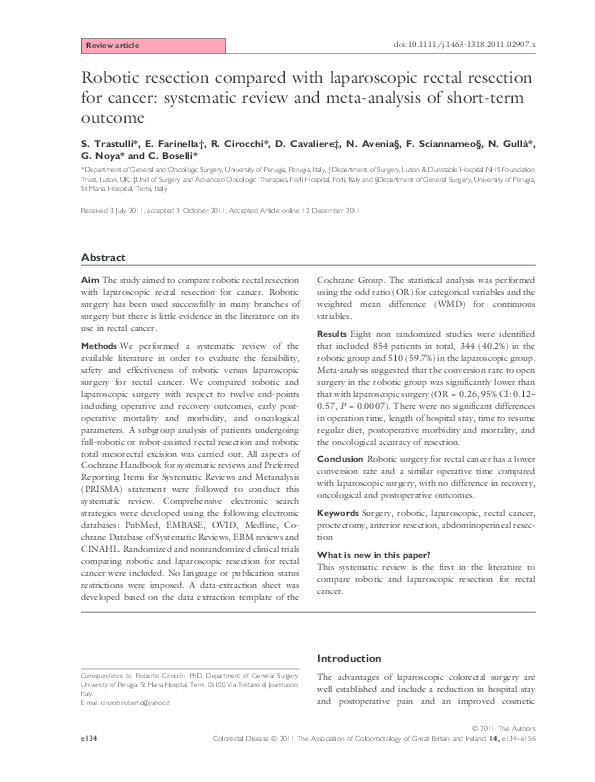 (PDF) Robotic resection compared with laparoscopic rectal resection for cancer: systematic ...