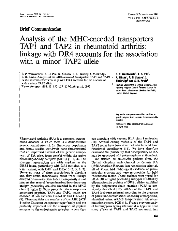 (PDF) Analysis of the MHC-encoded transporters TAP1 and TAP2 in ...