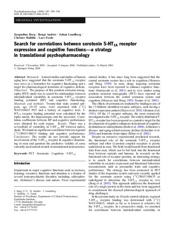 Pdf Search For Correlations Between Serotonin 5 Ht1a Receptor