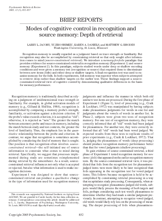 Pdf Modes Of Cognitive Control In Recognition And Source Memory Depth Of Retrieval