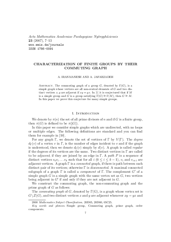 (PDF) Characterization of finite groups by their commuting graph