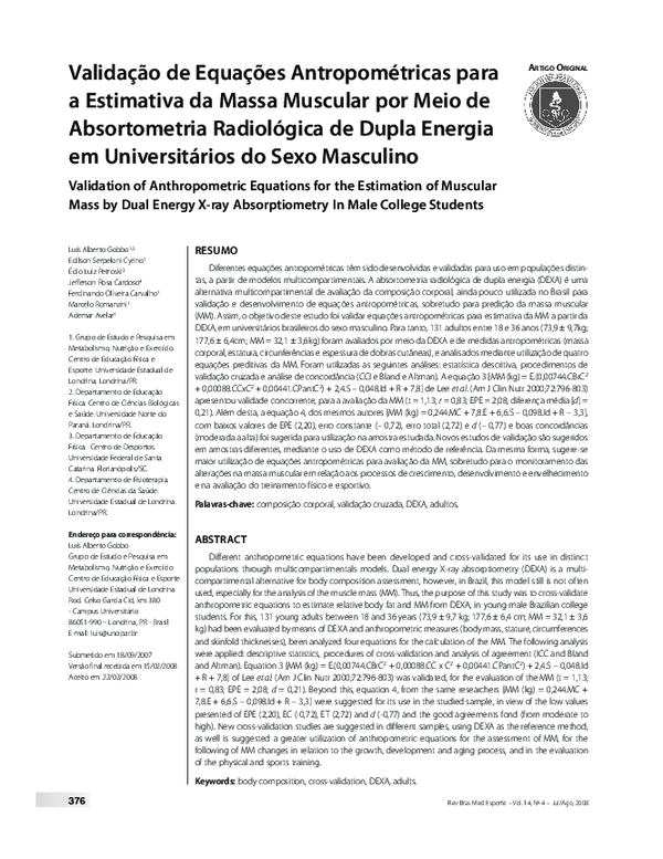 (PDF) Validation of anthropometric equations for the estimation of ...