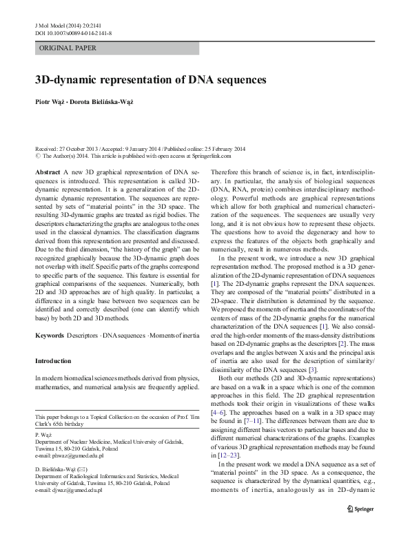 Pdf 3d Dynamic Representation Of Dna Sequences
