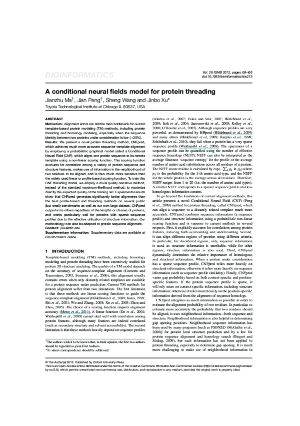 Pdf A Conditional Neural Fields Model For Protein Threading