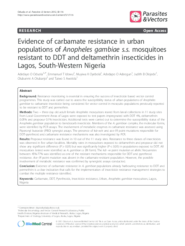 (PDF) Evidence of carbamate resistance in urban populations of Anopheles gambiae s.s. mosquitoes ...