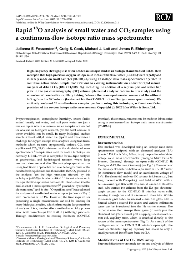 (PDF) Rapid18O analysis of small water and CO2 samples using a ...