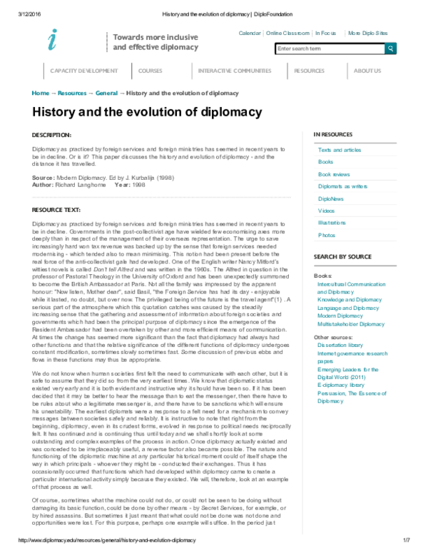 (PDF) History and the evolution of diplomacy Diplo Foundation