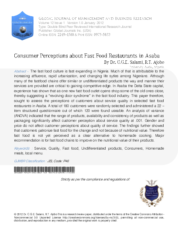 (PDF) Consumer Perceptions about Fast Food Restaurants in Asaba ...