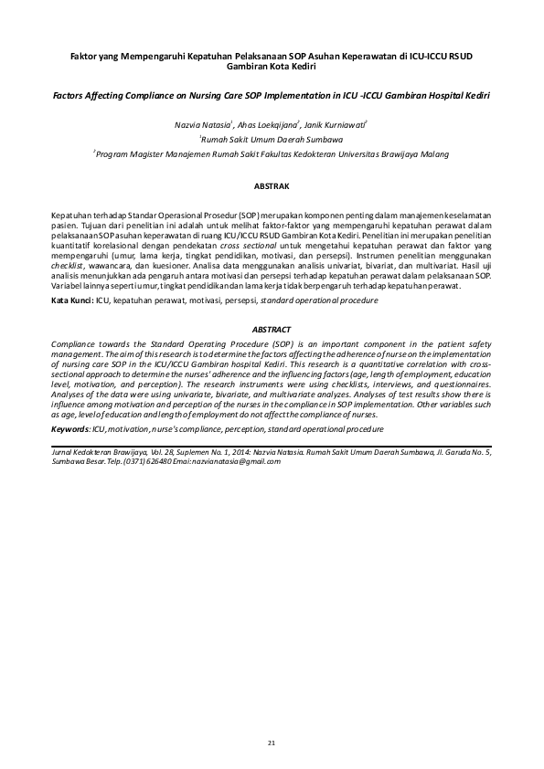 (PDF) Faktor yang Mempengaruhi Kepatuhan Pelaksanaan SOP Asuhan Keperawatan di ICU-ICCU RSUD ...