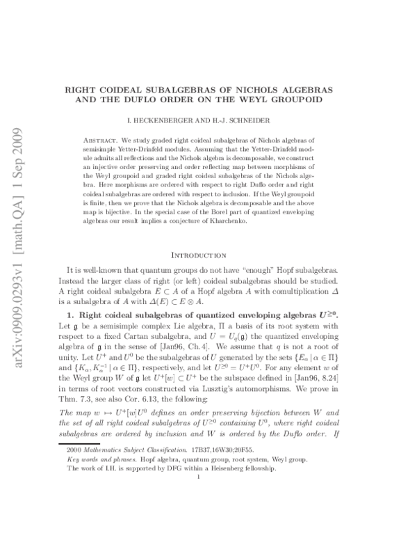 (PDF) Right coideal subalgebras of Nichols algebras and the Duflo order ...