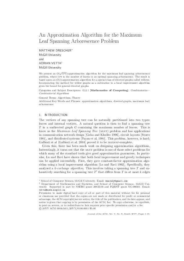 Pdf An Approximation Algorithm For The Maximum Leaf Spanning Arborescence Problem