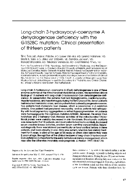 (PDF) Long-chain 3-hydroxyacyl–coenzyme A dehydrogenase with the G1528C ...