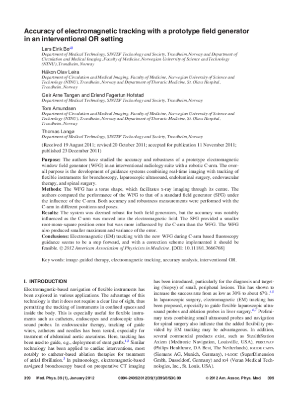 Pdf Accuracy Of Electromagnetic Tracking With A Prototype Field Generator In An Interventional