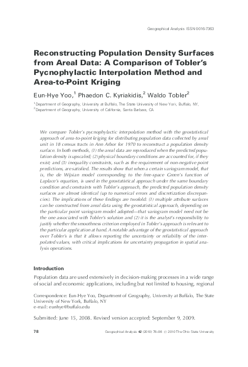 (PDF) Reconstructing Population Density Surfaces from Areal Data: A Comparison of Tobler's ...