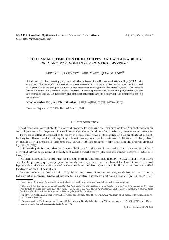 (PDF) Local small time controllability and attainability of a set for nonlinear control system