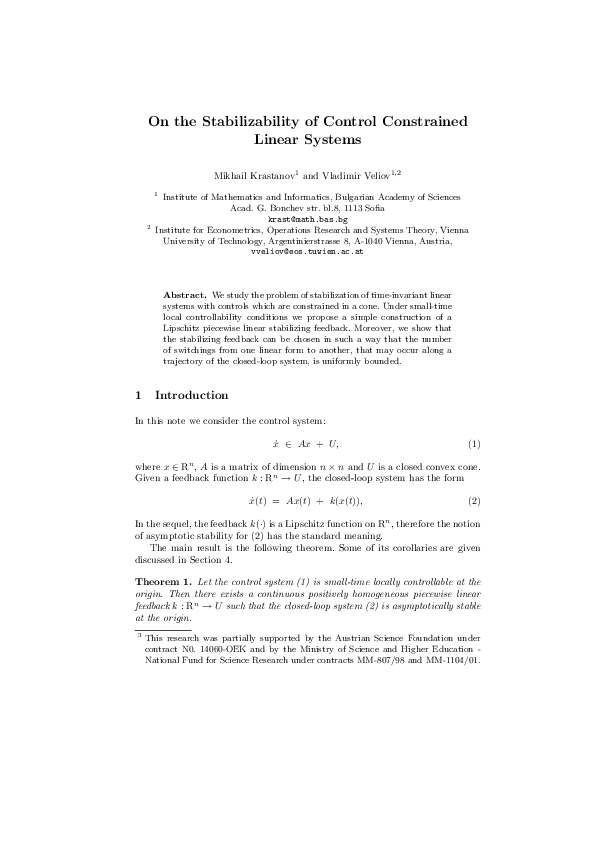 (PDF) On the Stabilizability of Control Constrained Linear Systems