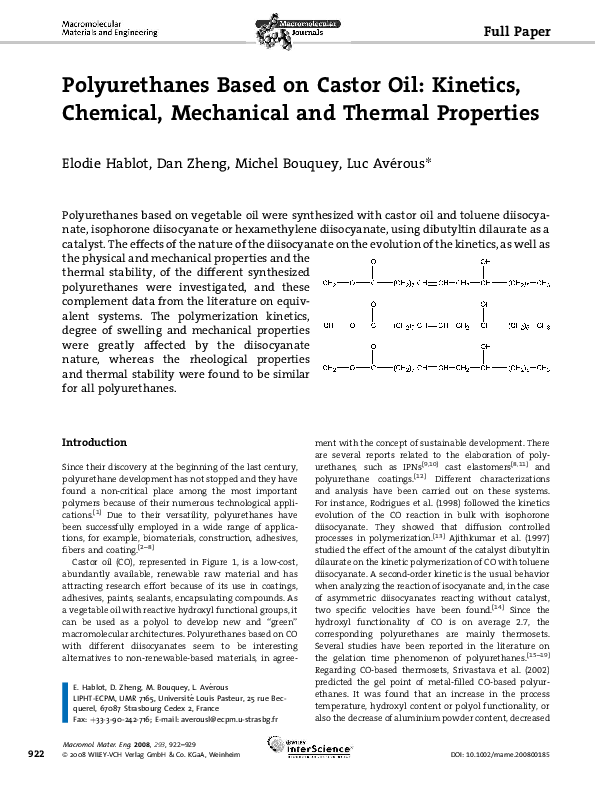 (PDF) Polyurethanes Based on Castor Oil: Kinetics, Chemical, Mechanical and Thermal Properties